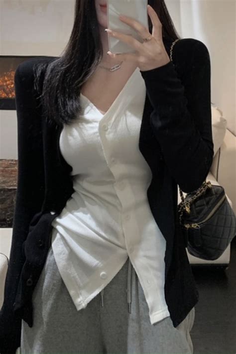 핑크프릴 라우 페이크 두조각 폴로 카라 브이넥 긴팔 셔츠 탑
