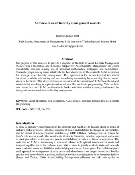 Doc A Review Of Asset Liability Management Models
