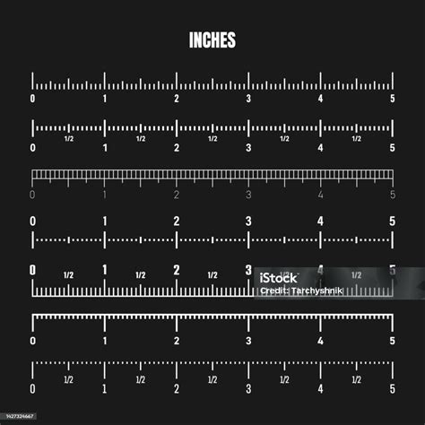 길이 또는 높이를 측정하기위한 사실적인 흰색 인치 스케일 분할이 있는 다양한 측정 스케일 눈금자 테이프 측정 표시 크기 표시기 벡터 일러스트 레이 션 0명에 대한 스톡 벡터