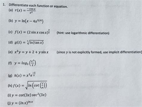 solved 1 differentiate each function or equation a