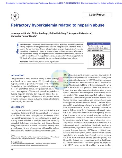 Pdf Refractory Hyperkalemia Related To Heparin Abuse