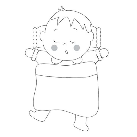 布団で寝る幼児のかわいいイラスト画像素材白黒モノクロ