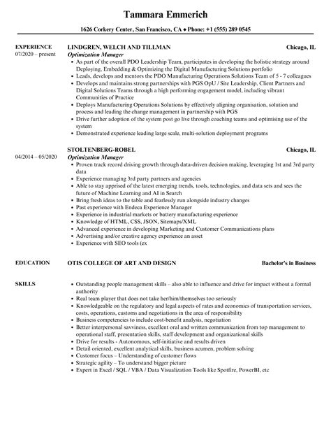 Optimization Manager Resume Samples Velvet Jobs