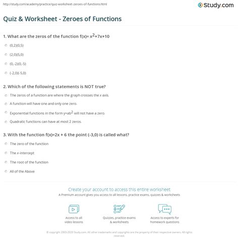 Quiz And Worksheet Zeroes Of Functions