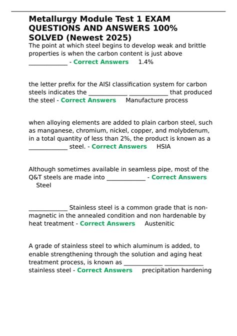 Metallurgy Module Test 1 Exam Questions And Answers 100 Solved Newest 2025 Metallurgy Exm
