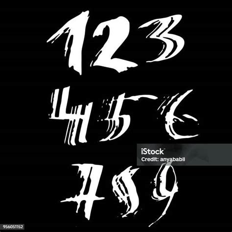 붓글씨 잉크 숫자의 집합입니다 질감 브러시 글자 벡터 일러스트입니다 검은색에 대한 스톡 벡터 아트 및 기타 이미지 검은색 그리기 디자인 Istock
