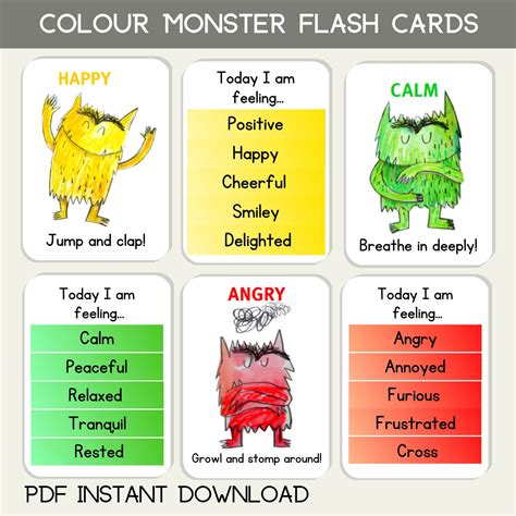 Colour Monster Flash Cards Pdf Printable Emotions Behaviour Etsy Uk