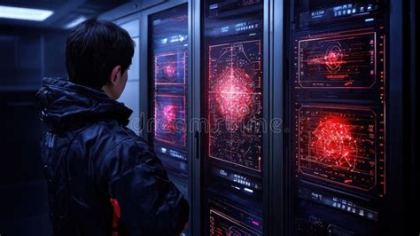Man Analyzing High Tech Data Display In A Dark Server Room Environment