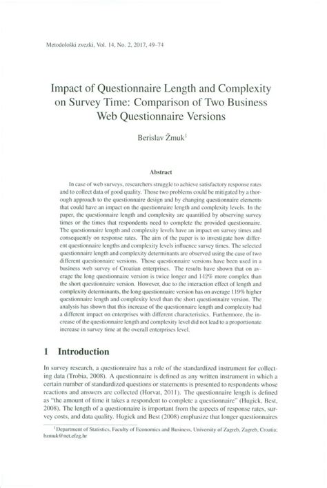Pdf Impact Of Questionnaire Length And Complexity On Survey Time Comparison Of Two Business