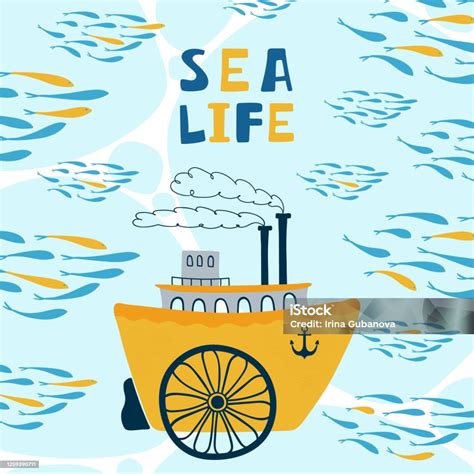 만화 스타일로 증기선과 문자 바다 생활 바다 생활 바다 어린이 포스터 키즈 프린트를 위한 귀여운 컨셉 디자인 엽서 직물 의류에 대한 그림 벡터 0명에 대한 스톡 벡터 아트