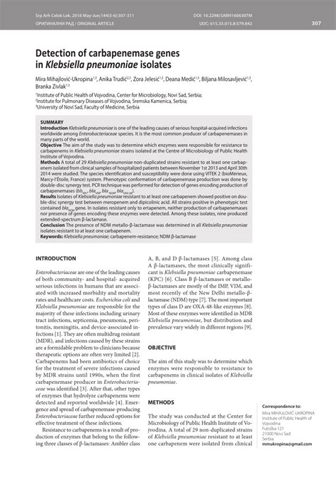 Pdf Detection Of Carbapenemase Genes In Klebsiella Pneumoniae Isolates