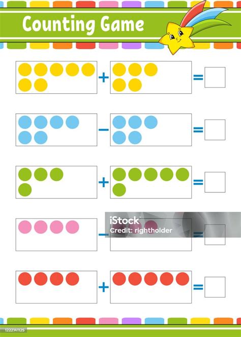 덧셈 과 뺄셈 아이들을위한 작업 교육 개발 워크 시트 활동 색상 페이지입니다 어린이를위한 게임 재미있는 캐릭터 격리된 벡터