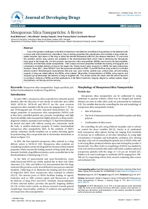 Pdf Mesoporous Silica Nanoparticles A Review
