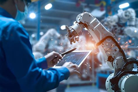 Engineer Using Tablet Check And Control Automation Robot Arms Machine
