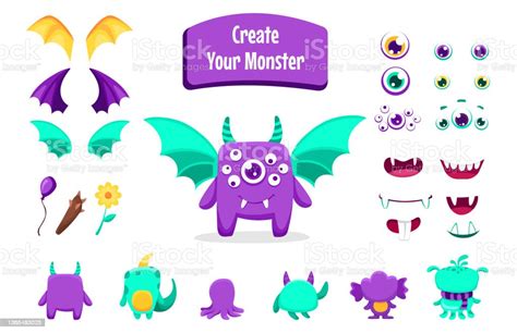 당신의 괴물을 만들고 귀여운 외계인과 재미있는 생물을 수집합니다 모든 요소와 신체 부위와 만화 캐릭터 생성 키트 벡터 자식 일러스트레이션 몬스터에 대한 스톡 벡터 아트 및