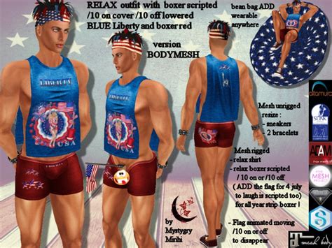 Second Life Marketplace Relax Outfit Men Shirt Blue Liberty Mesh Rigged Body Mesh Red Strip