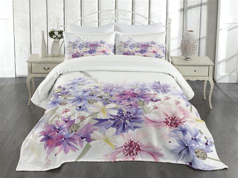 Ambesonne Lavender Quilted Bedspread Set 3 Pcs Pink Purple Flowers
