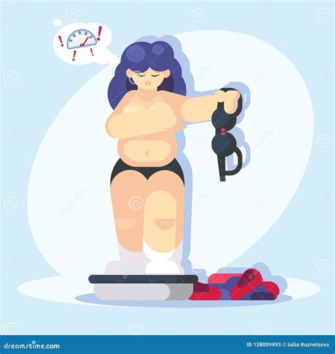 Full Woman On The Weight Scale Is Upset With Her Weight Girl Is Undressing Flat Style Vector