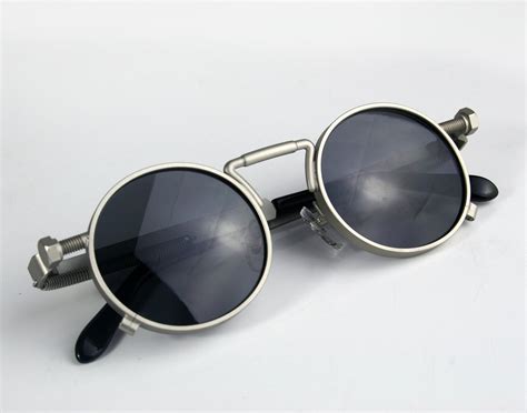Round Sunglasses Spring On Temples Steampunk Sunglasses Silver Metal