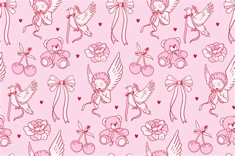 Coquettish 발렌타인 완벽 한 패턴 손으로 그린 체리 테디 비둘기 큐피드 핑크 활 하트 및 꽃 포장지와 직물을 위한 빈티지 벡터 디자인 귀여운에 대한 스톡 벡터 아트