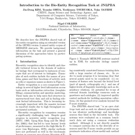 Introduction To The Bio Entity Recognition Task At Jnlpba Acl Anthology
