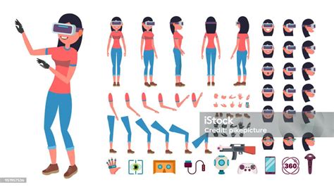 가상 현실 헤드셋 벡터에 여자입니다 애니메이션된 캐릭터 만들기 세트입니다 3d Vr 안경입니다 전체 길이 전면 측면 후면 액세서리 포즈 감정 제스처 가상 현실 평면 그림