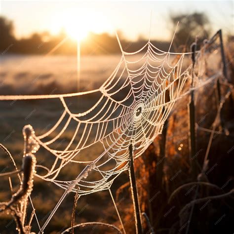 Premium Photo Arafed Spider Web In The Middle Of A Field With A Sun Setting Behind It