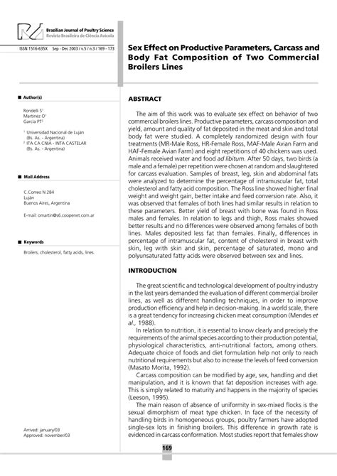 Pdf Sex Effect On Productive Parameters Carcass And Body Fat