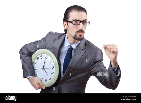 Man With Clock Isolated On White Stock Photo Alamy