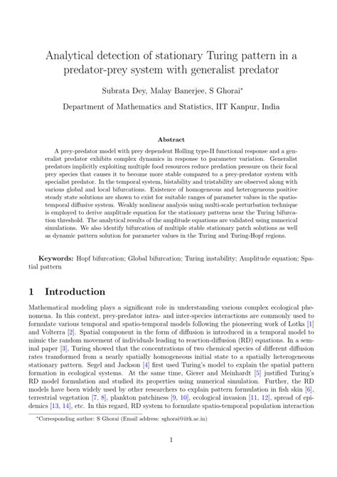 Pdf Analytical Detection Of Stationary Turing Pattern In A Predator