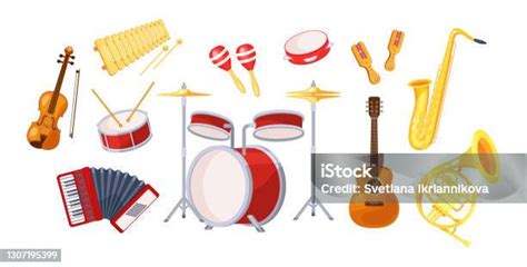 바이올린 탬버린 하프 트롬본 백파이프 색소폰 아코디언 기타 드럼 탬버린 신디사이저 백파이프 마라카스 룸바 벡터 다양한 악기 금속 나무 음향 악기를 설정 개체 그룹에 대한