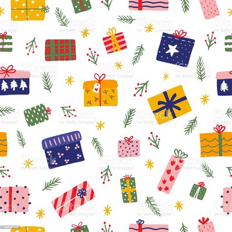 크리스마스 선물 상자 별과 장식 벡터 원활한 패턴 아이들은 손으로 그린 일러스트레이션 포장지 디자인 드로잉에 대한 스톡 벡터