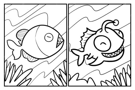 재미있고 무서운 심해 물고기 색칠하기놀이 프리미엄 벡터