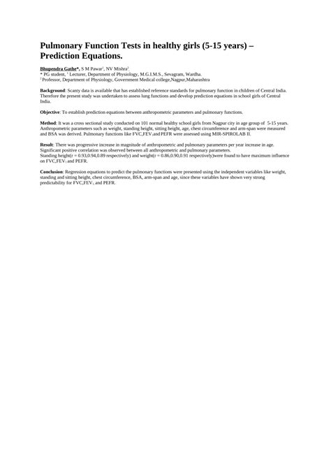 Pdf Pulmonary Function Tests In Healthy Girls 5 15yrs Prediction