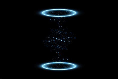 미래 텔레포트 매직 판타지 포털 라이트 효과 검은 배경에 불꽃이있는 야간 장면의 파란색 촛불 광선 연단의 빈 빛 효과 디스코 클럽 댄스 플로어 3차원 형태에 대한 스톡 벡터