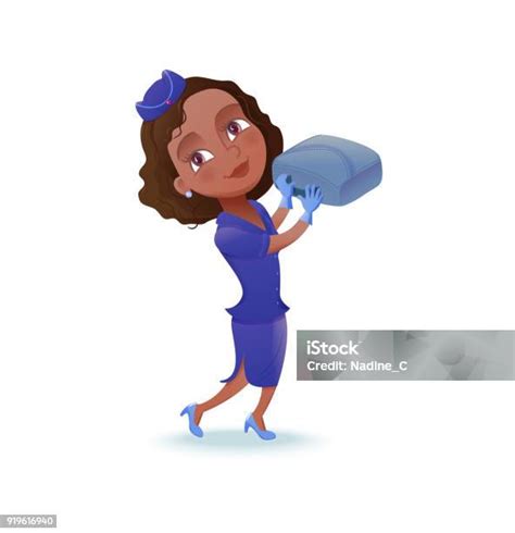 스튜 어디 스 만화 캐릭터 항공사 승무원 가방 벡터 일러스트 레이 션을 돕는 파란색 유니폼에 귀여운 아프리카 소녀 개체 그룹에 대한 스톡 벡터 아트 및 기타 이미지 Istock