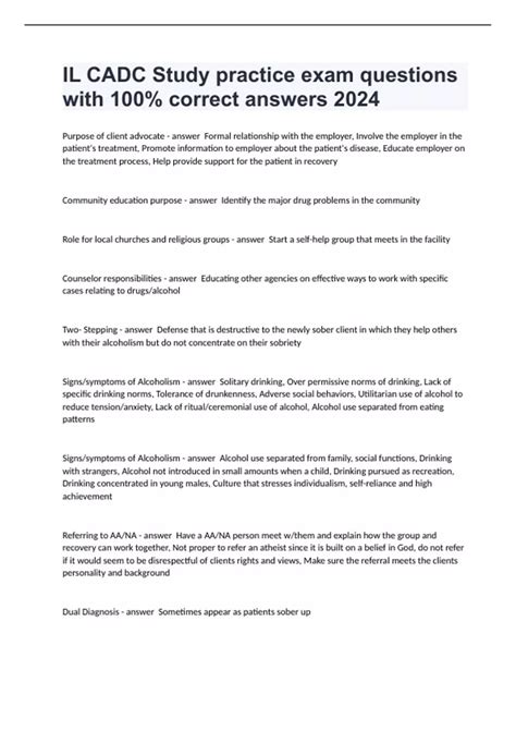 IL CADC Study Practice Exam Questions With Correct Answers Drugs And Alcohol