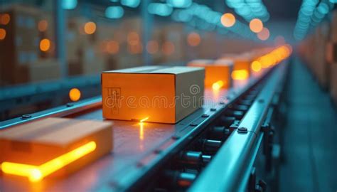 Boxes Move Along Automated Conveyor Belt System In Warehouse Modern Smart Factory With Ai