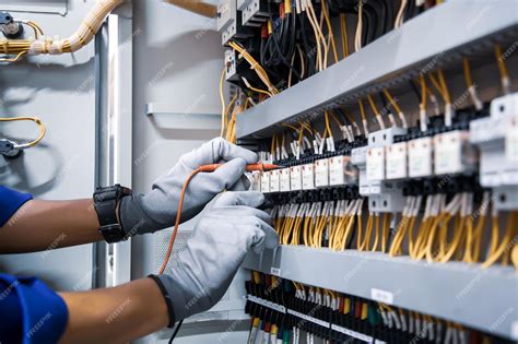 전기 및 전기 유지 보수 서비스 엔지니어가 Ac 전압계를 잡고 회로 차단기 단자 및 케이블 배선 주 배전반의 전류 전압을 확인합니다 프리미엄 사진