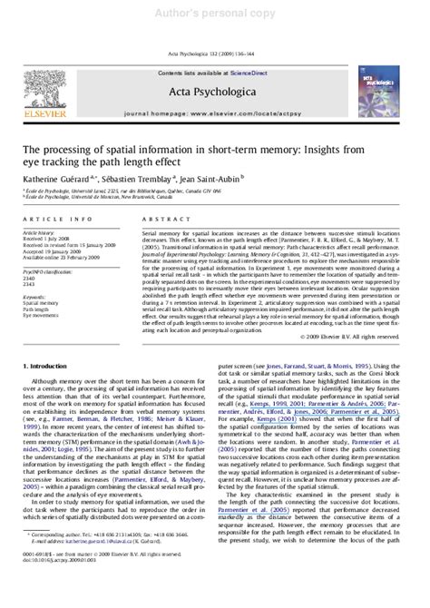 Pdf The Processing Of Spatial Information In Short Term Memory