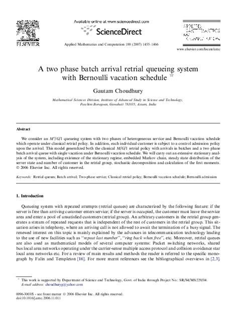 Pdf A Two Phase Batch Arrival Retrial Queueing System With Bernoulli