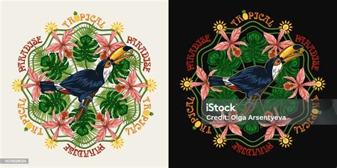 큰부리새 새 열대 단풍 난초 태양 텍스트 열대 낙원이 있는 만다라와 같은 원형 장식 나뭇가지에 앉아 씨앗을 먹는 새 인쇄 의류