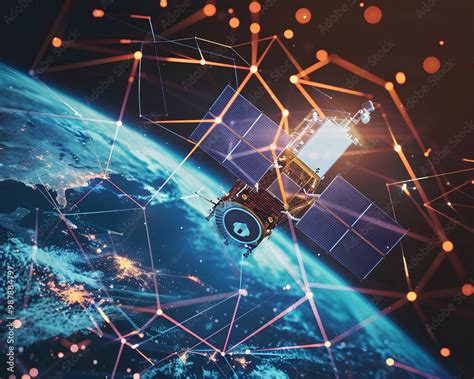 Futuristic Satellite Orbiting Earth Interconnected With Digital Nodes Showcasing Technologys