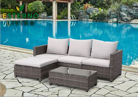 3 Seater Rattan Garden Corner Sofa Furniture Set With Grey Cushions