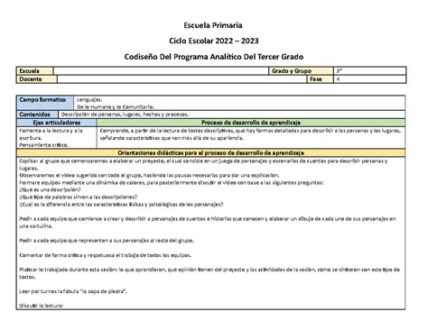 Codiseño Del Programa Analítico 3er Grado Escuela Primaria Ciclo