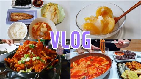Eng Vlog건강하게 집밥해먹는 자취생 일상 브이로그 요리먹방집밥배추된장국배추전고등어구이황도복숭아통조림한신
