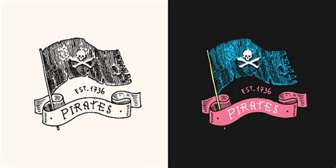 해적 두개골 깃발 로고 졸리 로저 또는 해적 해양 및 해상 또는 바다 바다 엠블럼 새겨진 손으로 그려진 오래된 라벨 또는 배지 두개골에 대한 스톡 벡터 아트 및 기타 이미지