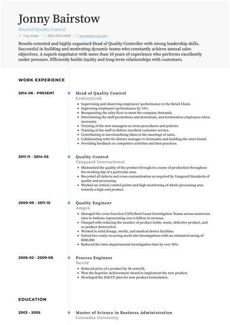 Quality Control Resume Samples And Templates VisualCV