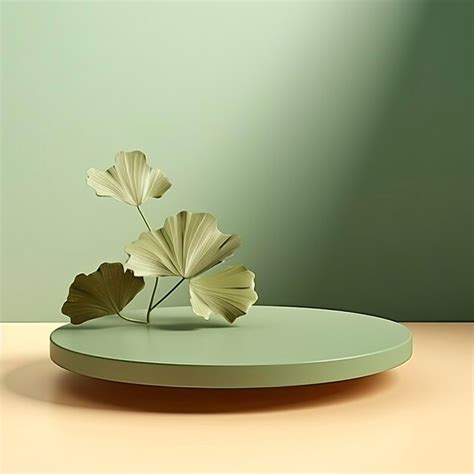 파스텔 녹색 배경에 은행나무 잎과 그림자가 있는 빈 연단 프리미엄 사진