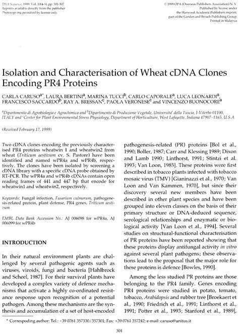 Pdf Isolation And Characterisation Of Wheat Cdna Clones Encoding Pr4 Proteins